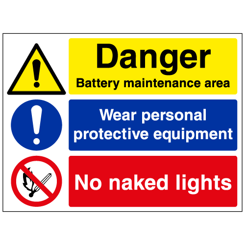 Danger Battery maintenance area Wear PPE No naked lights sign – Ref ...
